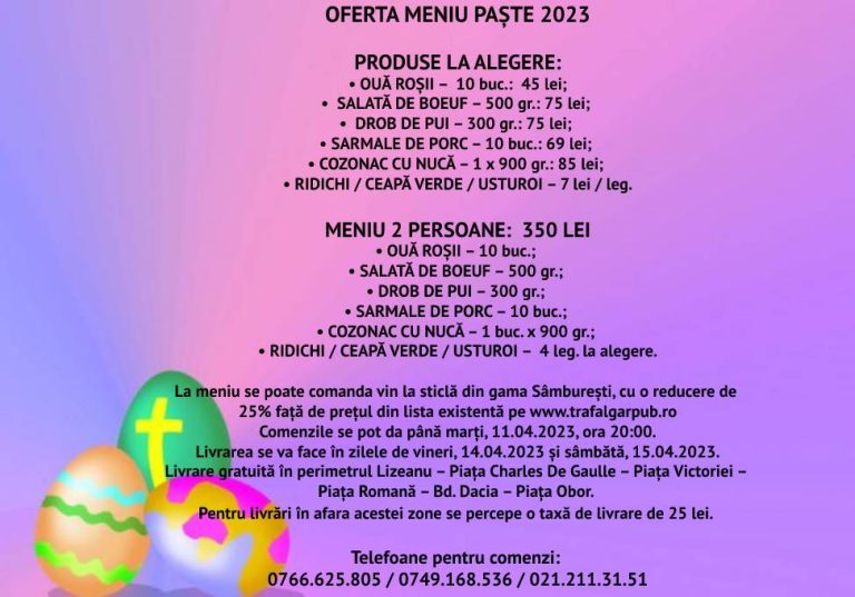 OFERTA MENIU PASTE 2023 - Trafalgar Pub