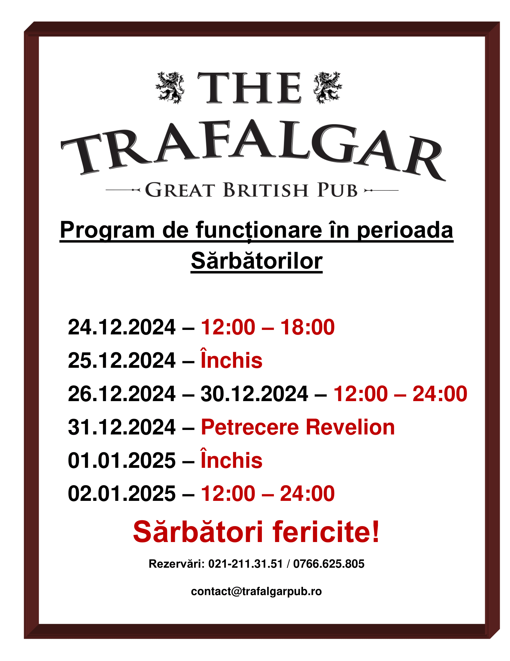 PROGRAM SARBATORI 2024-2025 - Trafalgar Pub